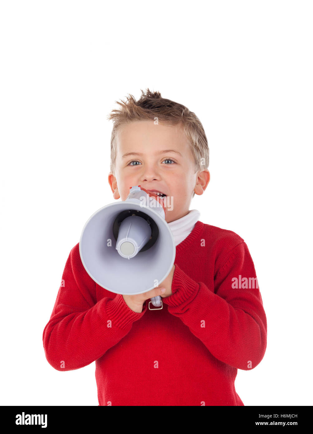 Small boy shouting through a megaphone isolated on white background ...