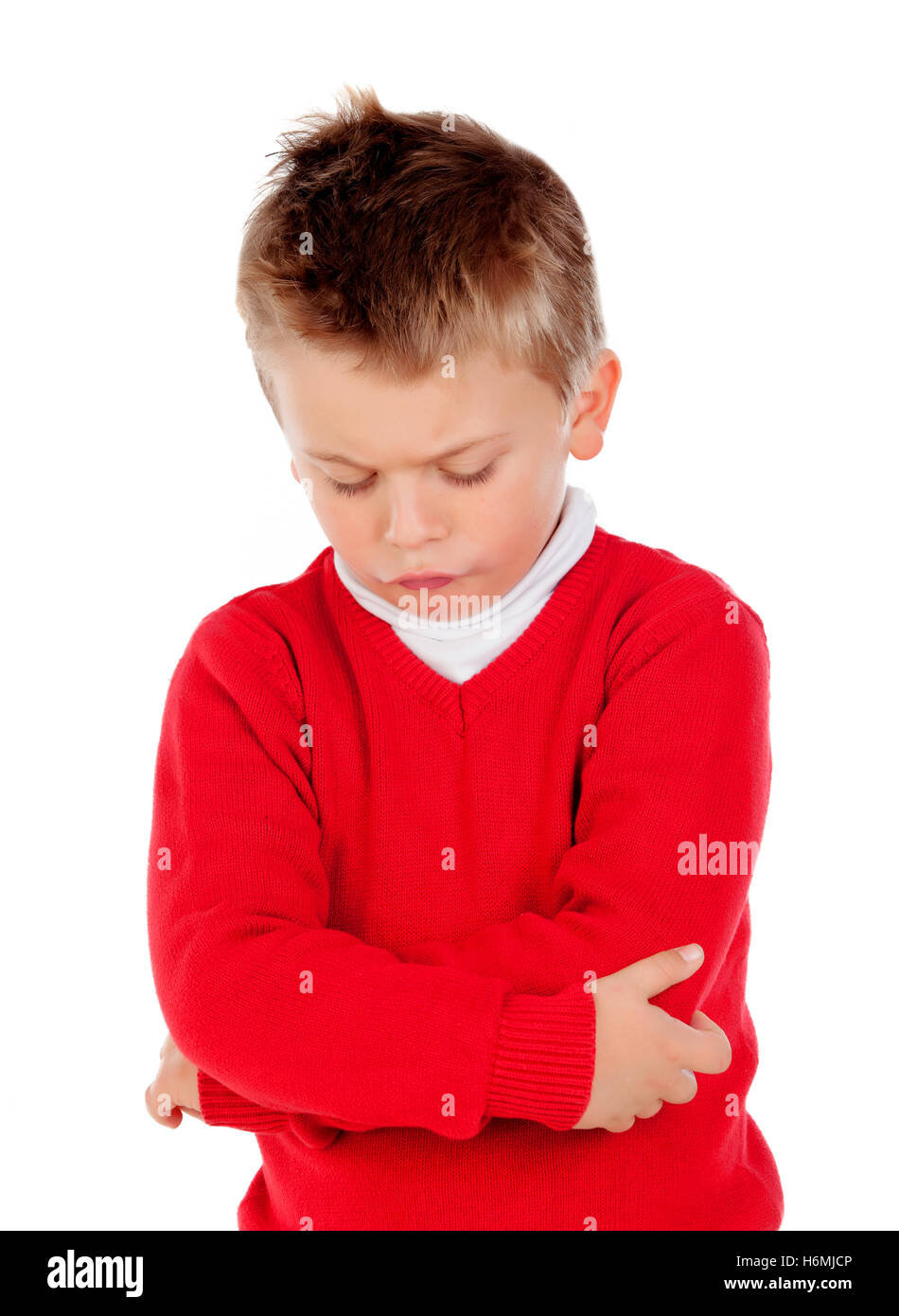 Little angry kid with red jersey isolated on a white background Stock ...