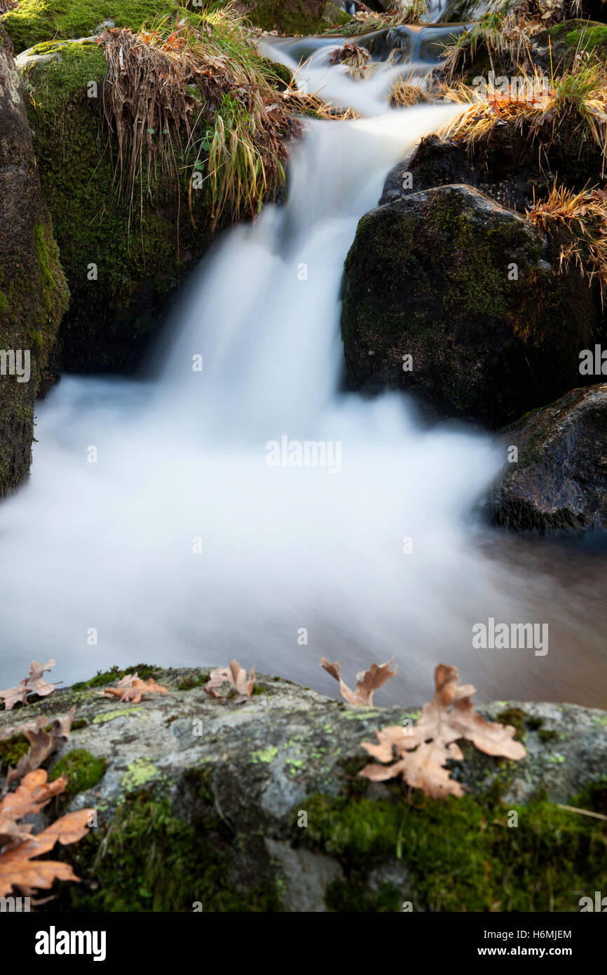 Beautiful waterfall and big rocks with moss in autumn Stock Photo - Alamy