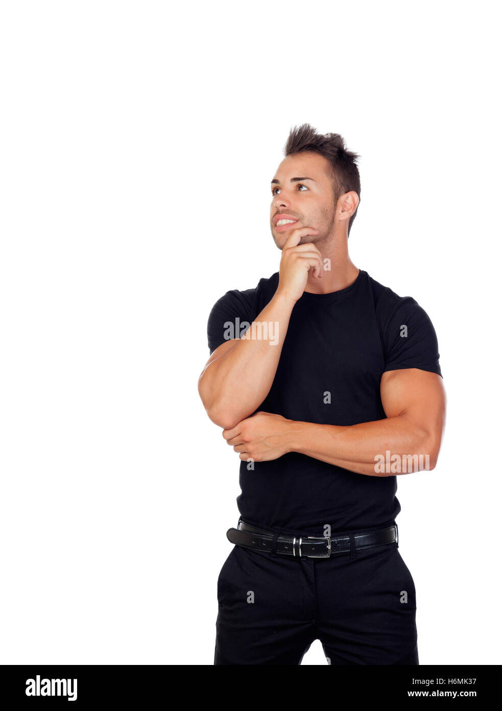 Pensive man in black isolated on a white background Stock Photo - Alamy