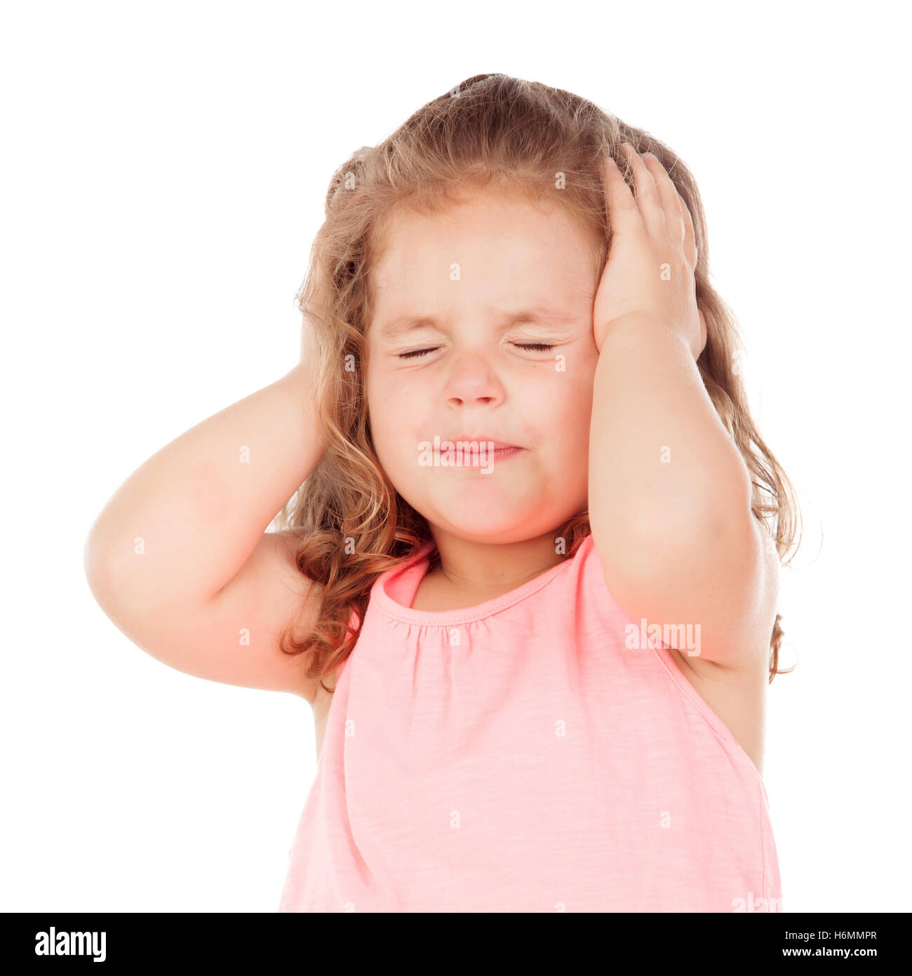 Little girl with headache isolated on a white background Stock Photo ...