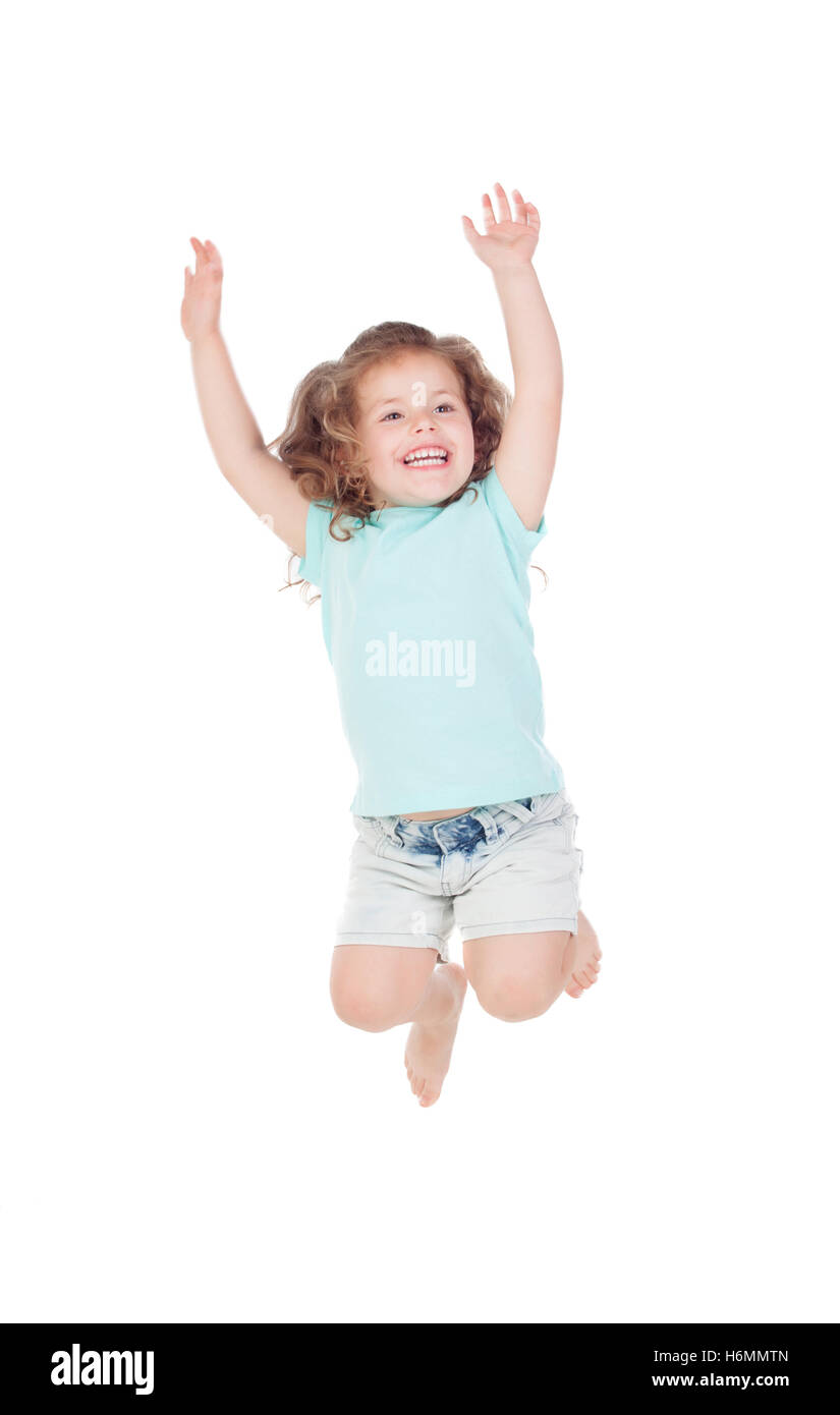 Happy little girl jumping isolated on a white background Stock Photo ...