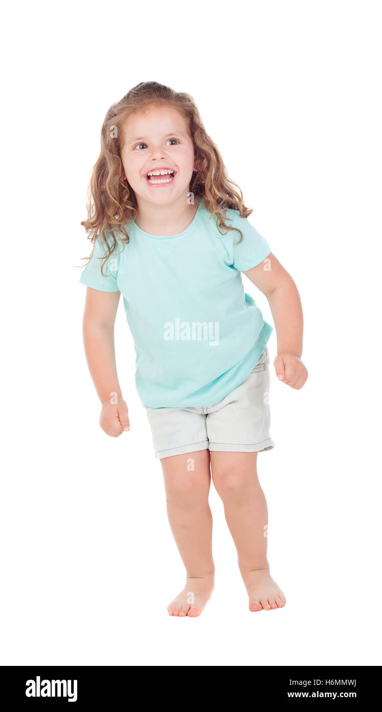 Cute little girl with three year old smiling on a white background ...