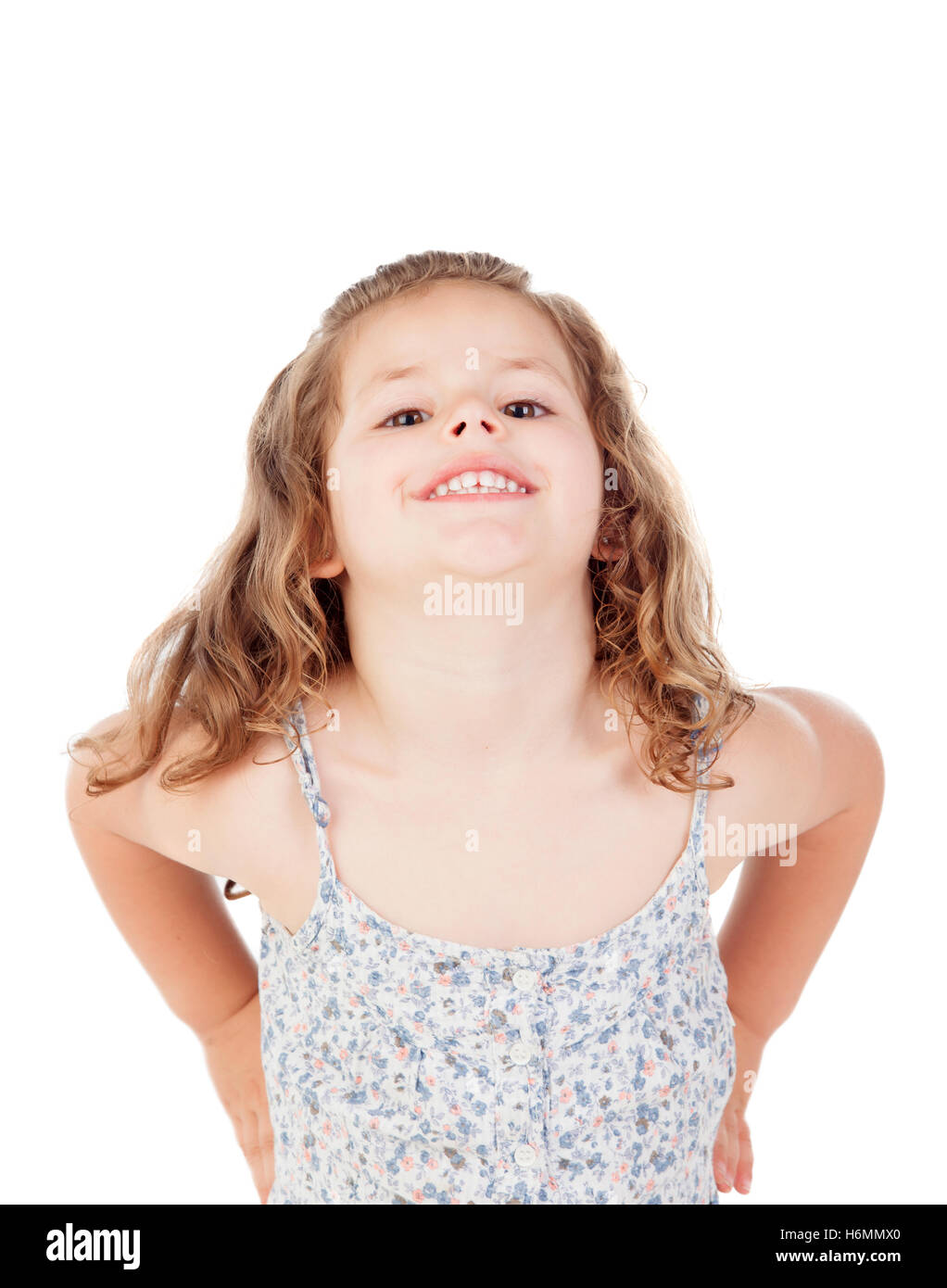 Cute little girl with three year old fooling on a white background ...