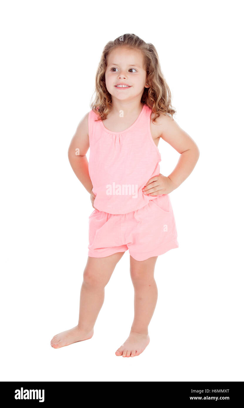 Cute little girl with three year old smiling on a white background ...