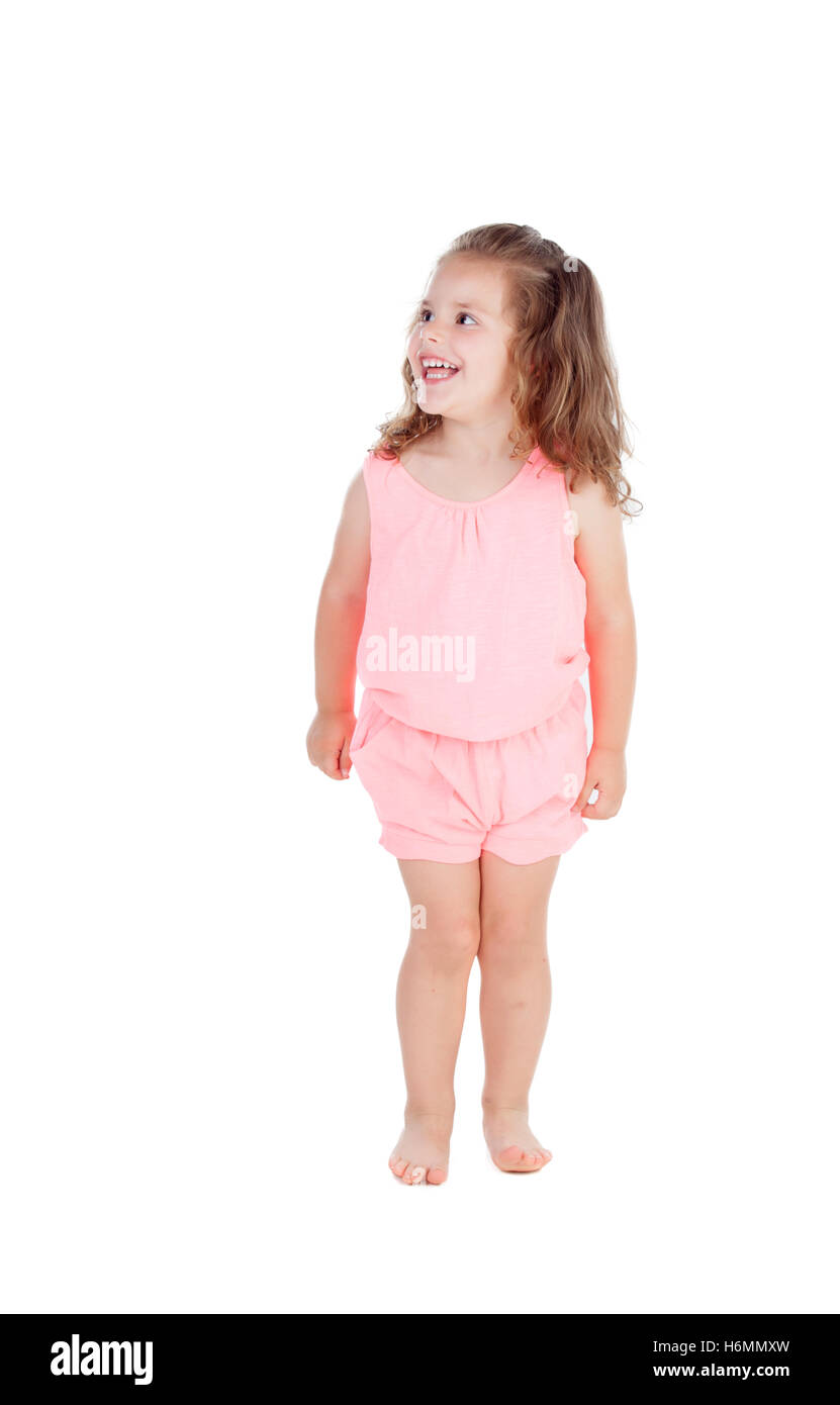Cute little girl with three year old smiling on a white background ...