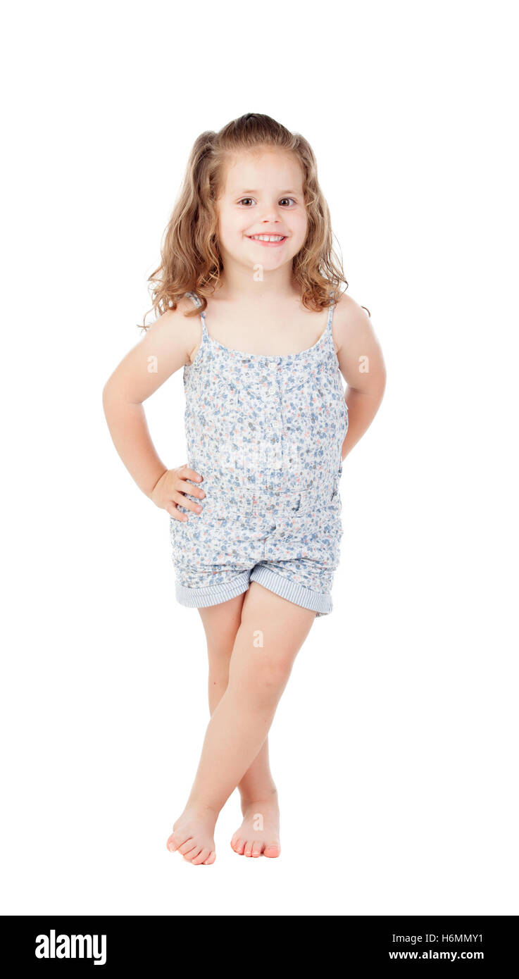 Cute little girl with three year old smiling on a white background ...