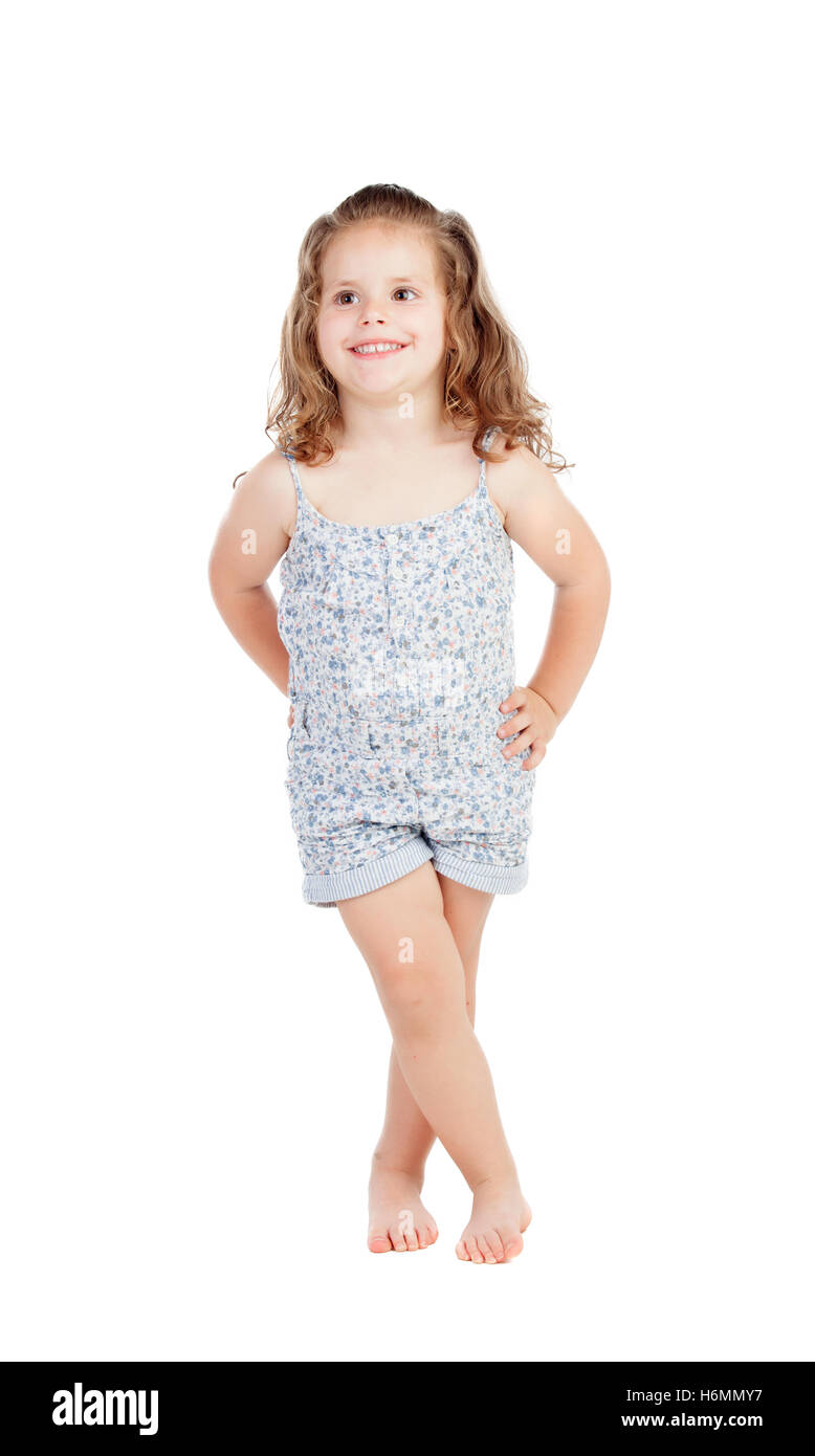 Cute little girl with three year old smiling on a white background ...
