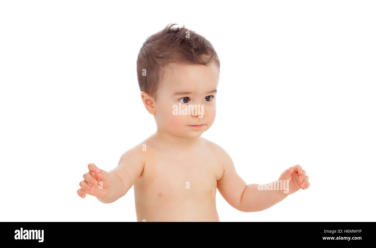 Nice baby raising his arms isolated on a white background Stock Photo ...