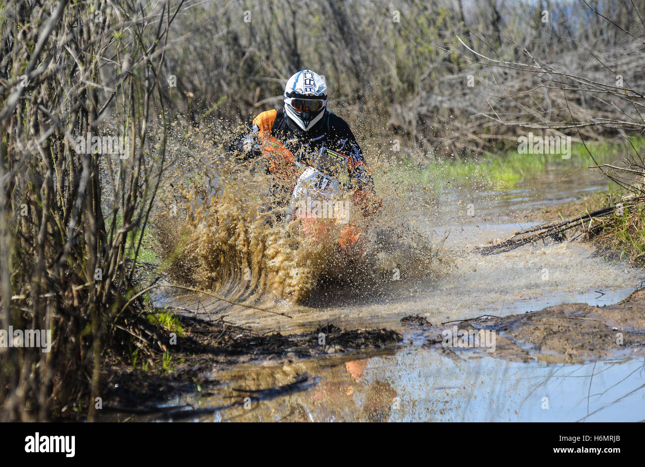 Enduro motorcycle rides through the mud with a big splash Stock Photo ...