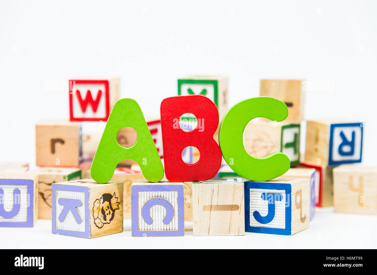ABC word on wooden block and white background with selective focus ...