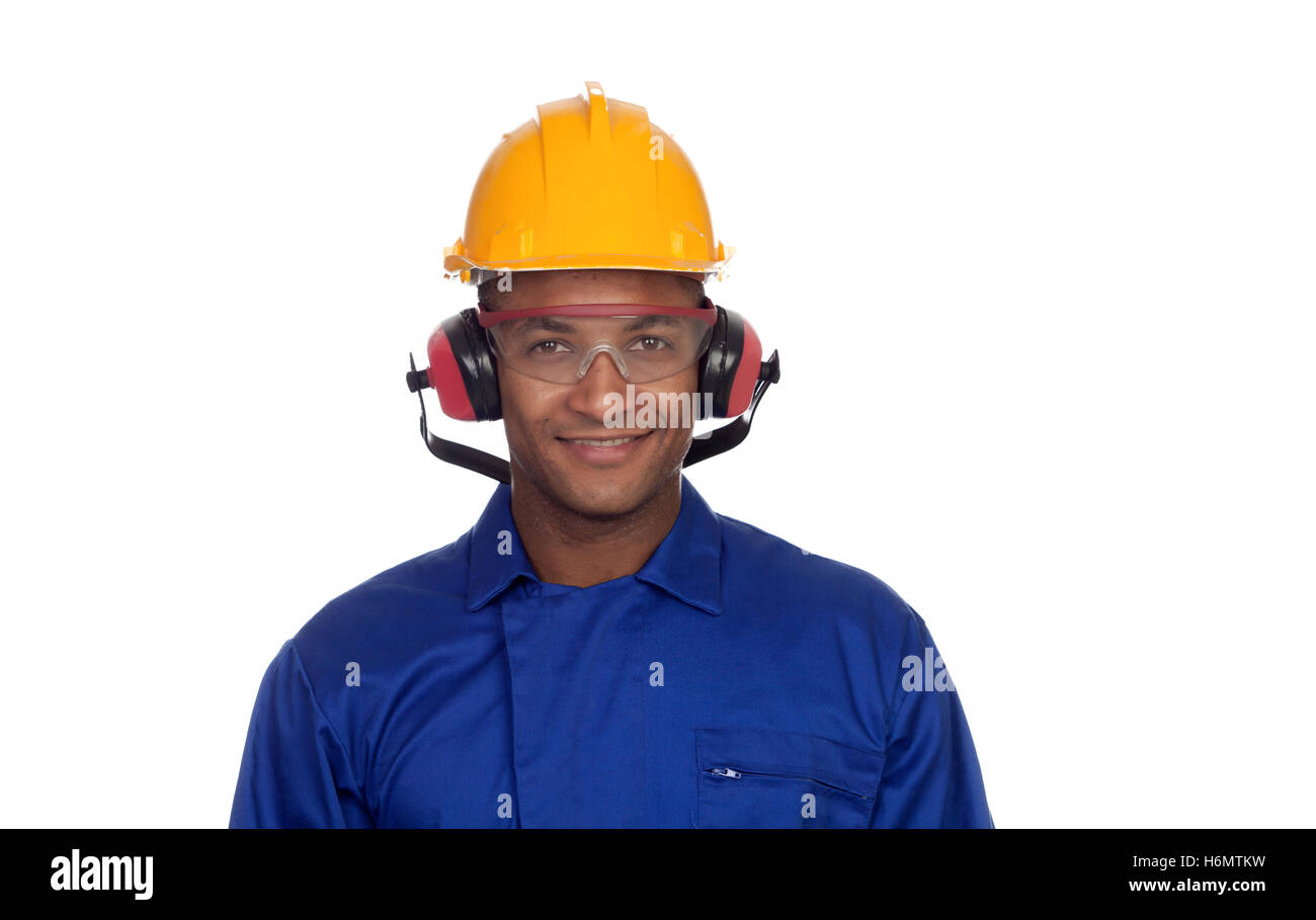 Construction worker with helmet and glasses isolated on a white ...