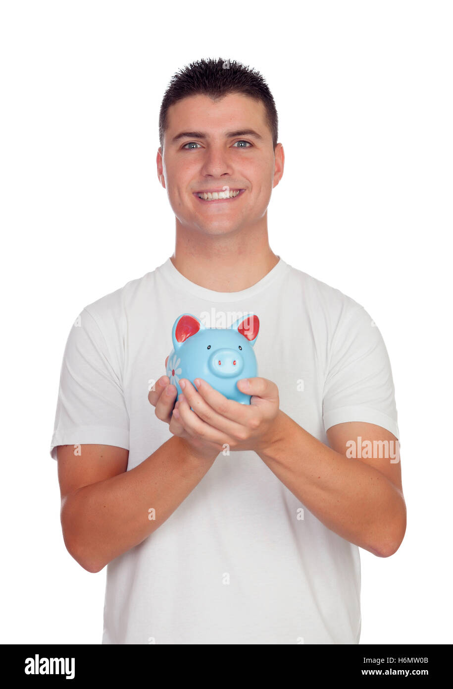Young casual men with money box isolated on a white background Stock ...