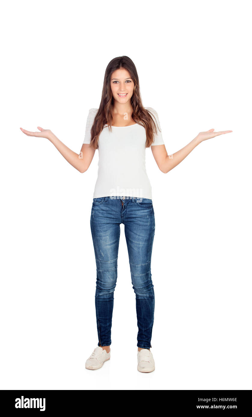 Young casual girl with the arms out extended isolated on a white ...