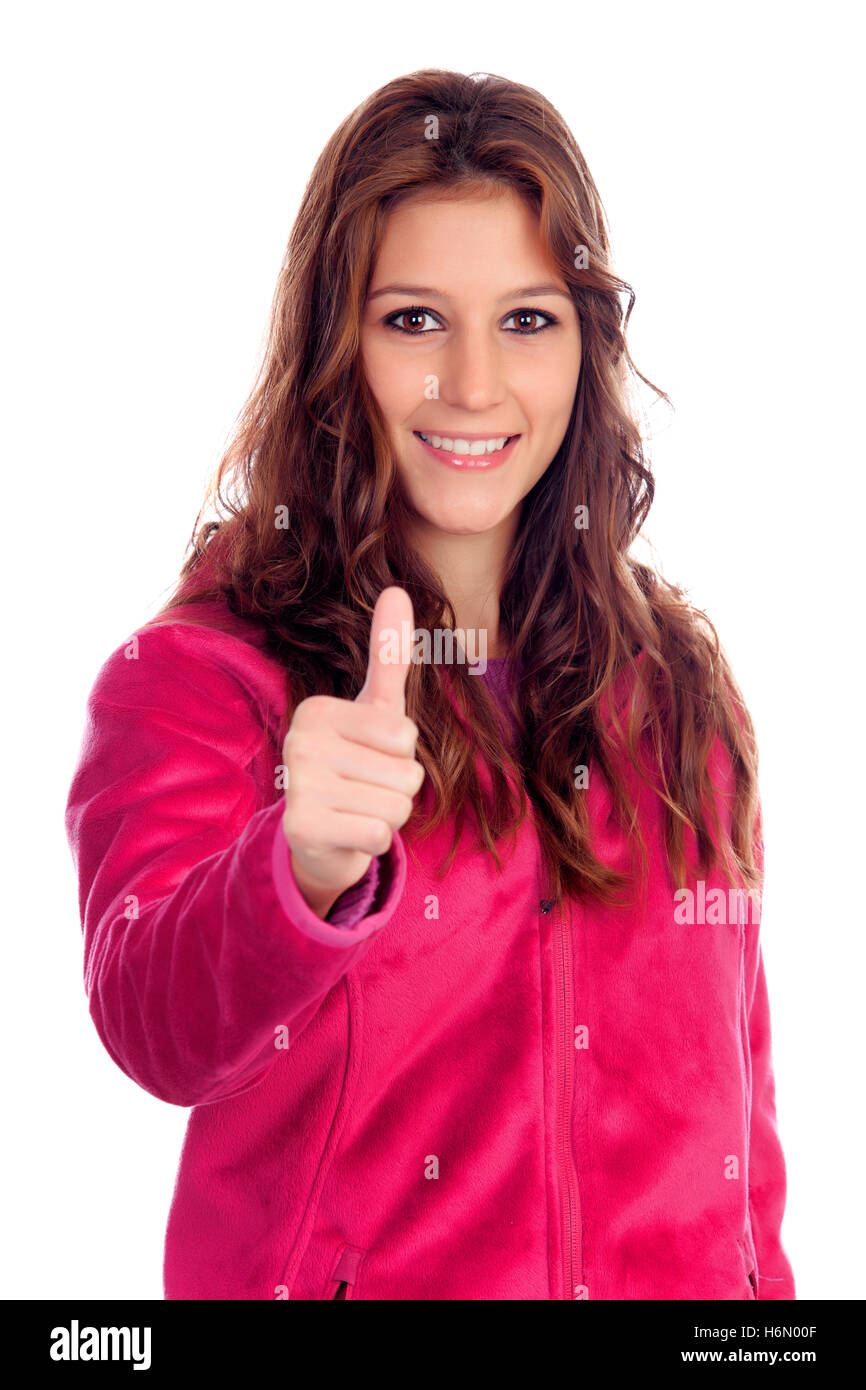 Casual girl saying Ok isolated on a white background Stock Photo - Alamy