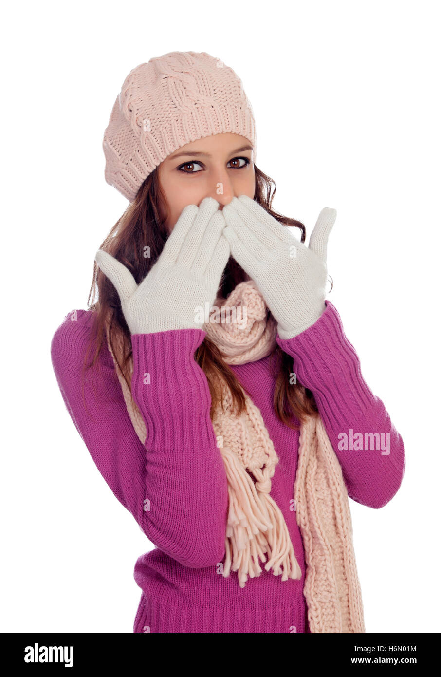 Shy Girl With Wool Hat And Scarf Isolated On A White Background Stock