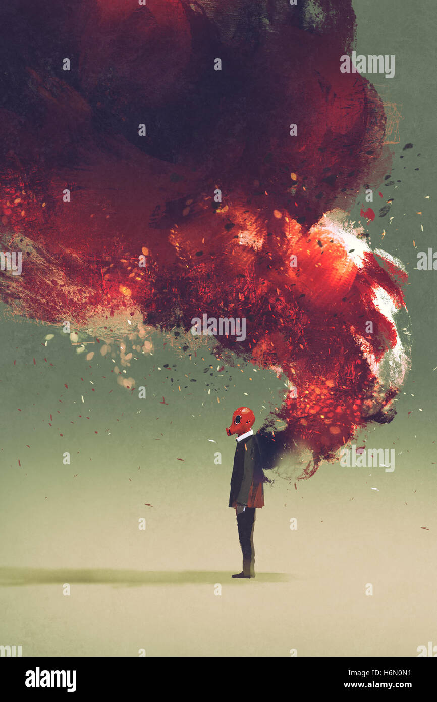 gas mask man standing with fire flame and smoke on his back ...