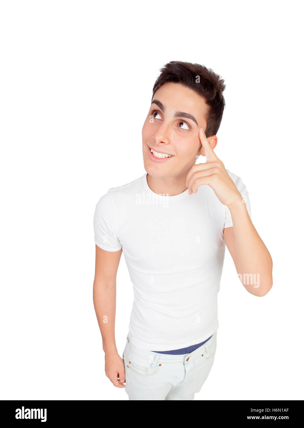 Funny picture from above of a boy thinking isolated on a white ...