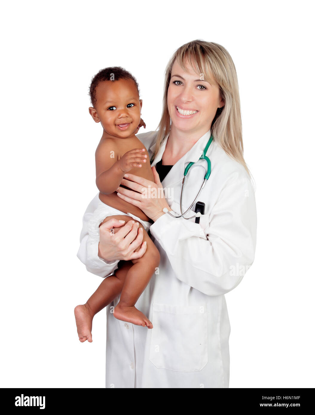 Adorable baby with his pediatrician isolated on a white background ...