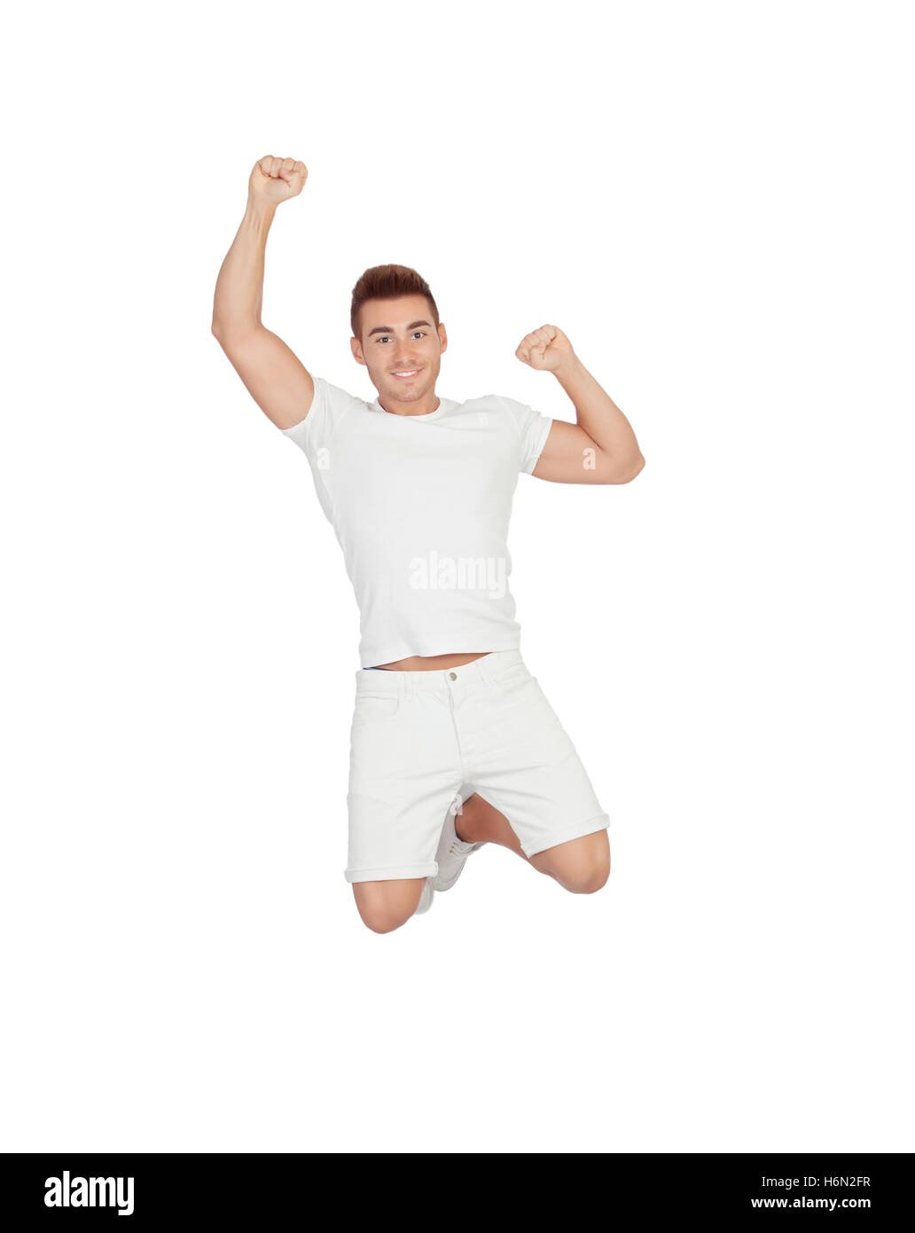 Happy young men jumping isolated on a white background Stock Photo - Alamy