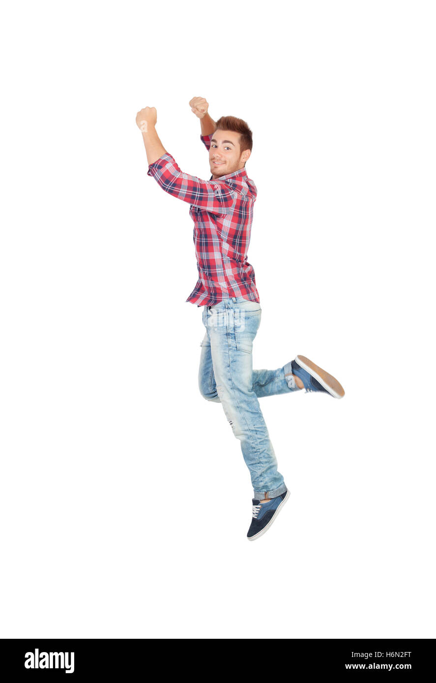 Happy young men jumping isolated on a white background Stock Photo - Alamy