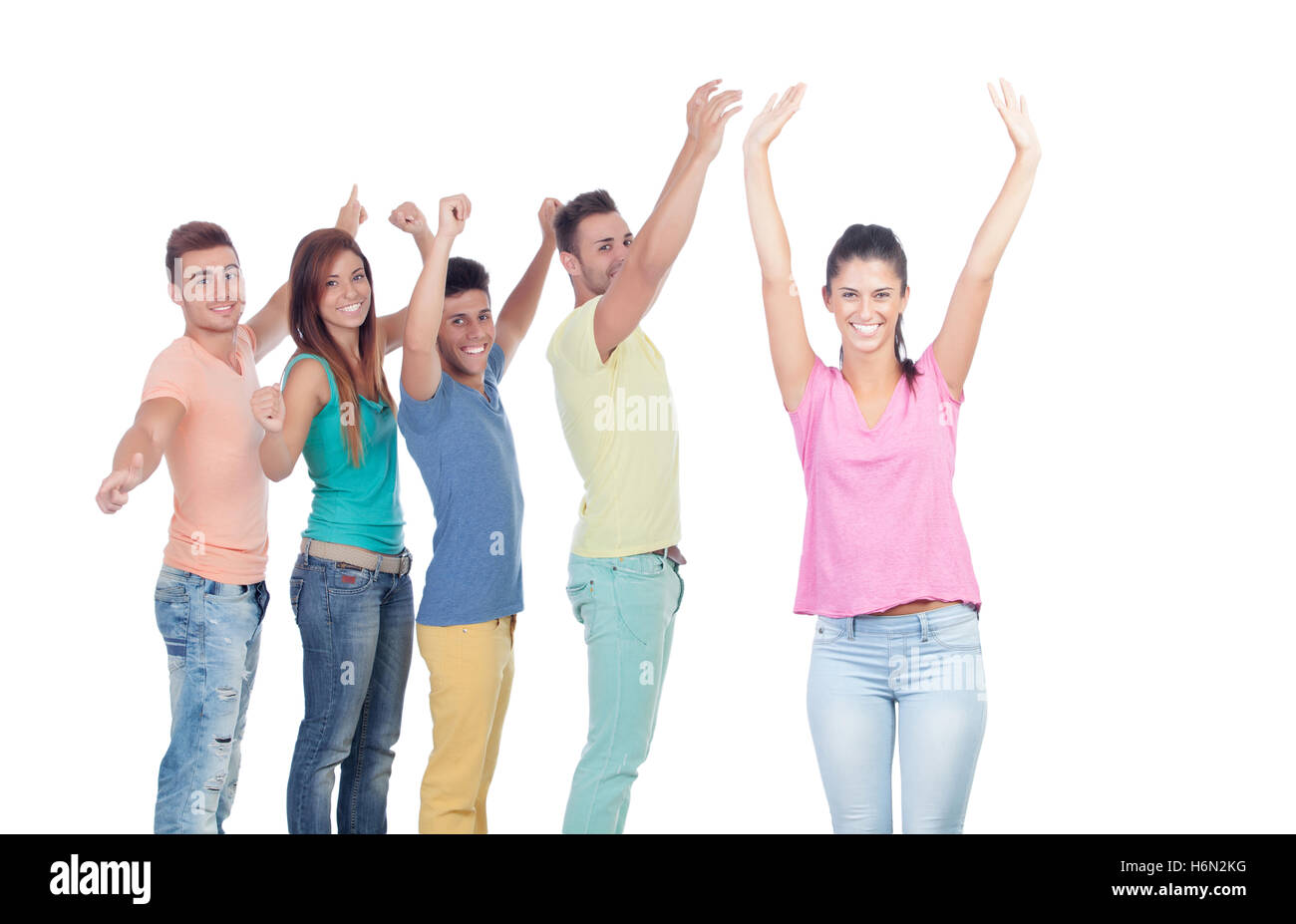 Happy group of friends isolated on white background Stock Photo - Alamy