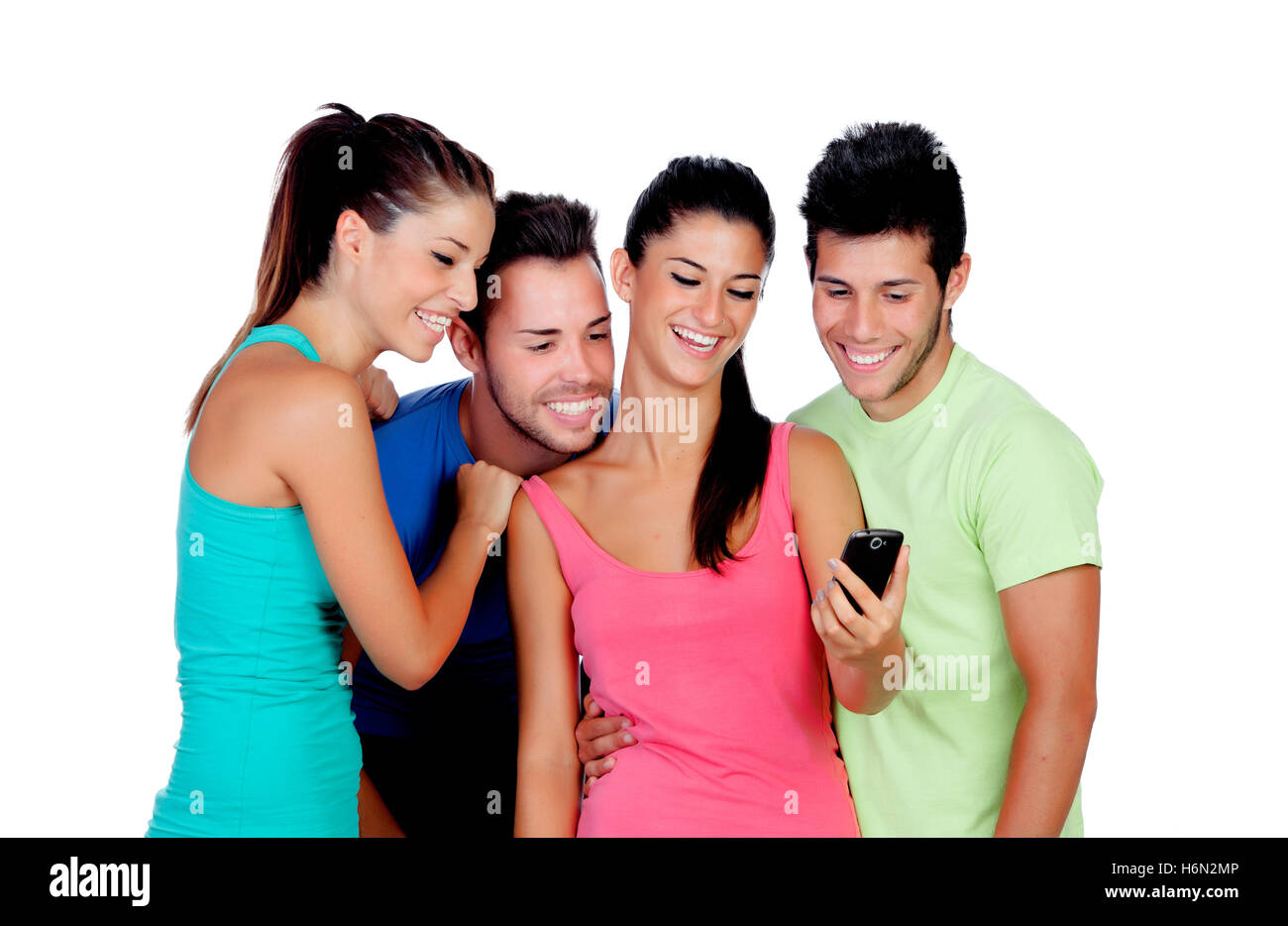Funny friends looking at mobile isolated on a white background Stock ...