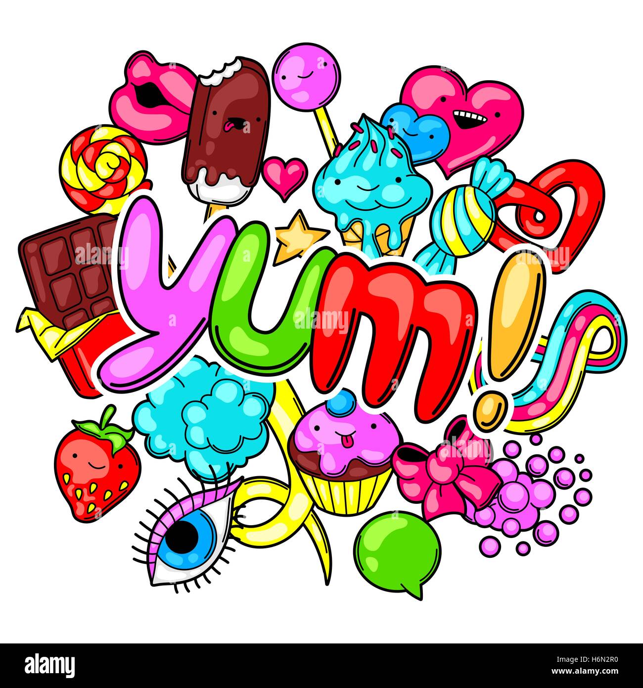 Kawaii print with sweets and candies. Crazy sweet-stuff in cartoon ...