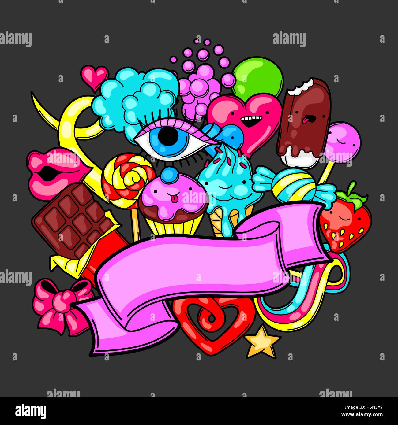 Kawaii background with sweets and candies. Crazy sweet-stuff in cartoon ...