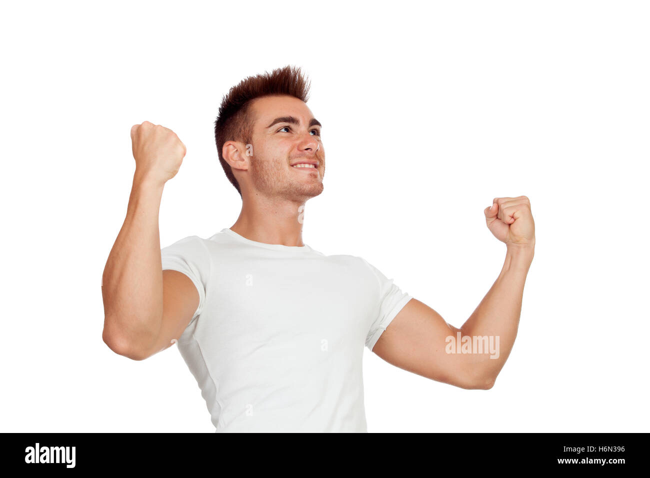 Winner guy with spiky hair isolated on white background Stock Photo - Alamy