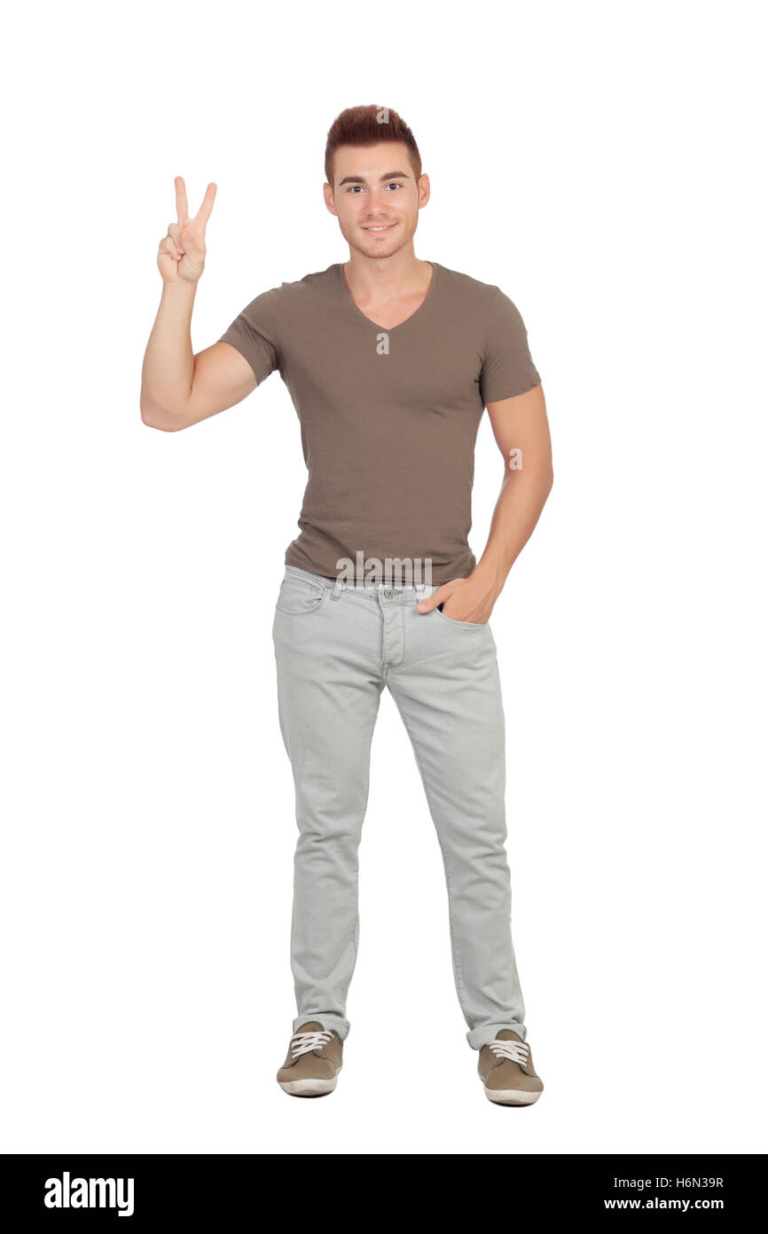 Winner guy with spiky hair isolated on white background Stock Photo - Alamy