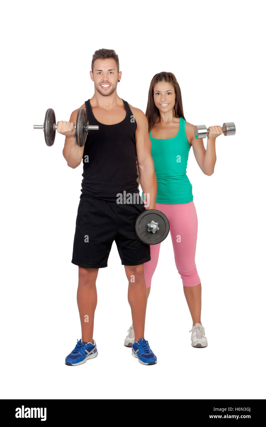 Training with my personal trainer isolated on white Stock Photo - Alamy