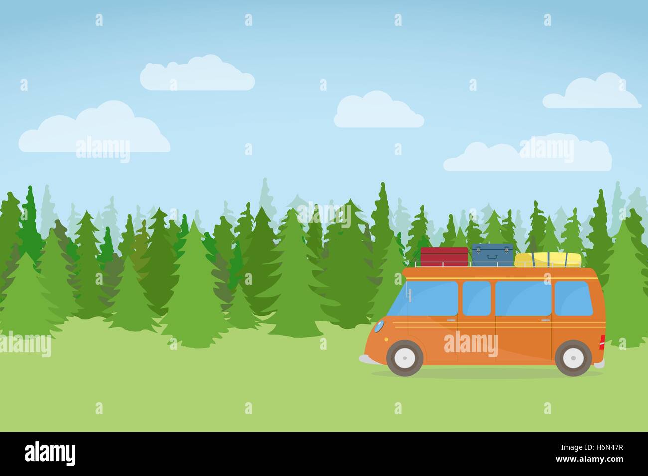 Family bus, traveling on nature background, with forest, clouds and ...