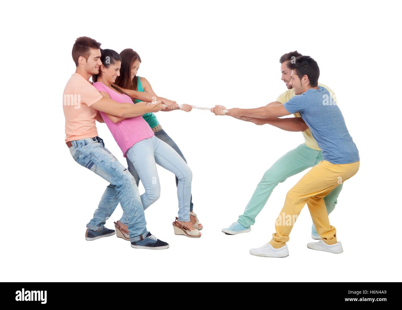 Young people pulling a rope isolated on a white background Stock Photo ...