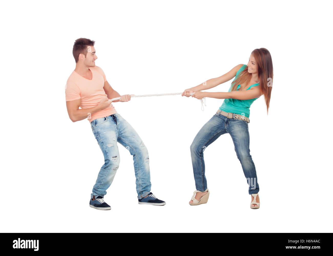 Couple of lovers pulling a rope isolated on a white background Stock ...