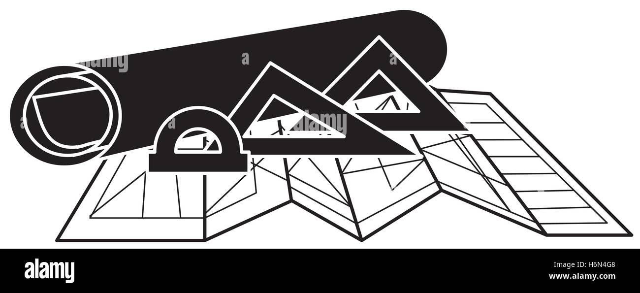 black silhouette architecture plans and rules for drawing vector ...
