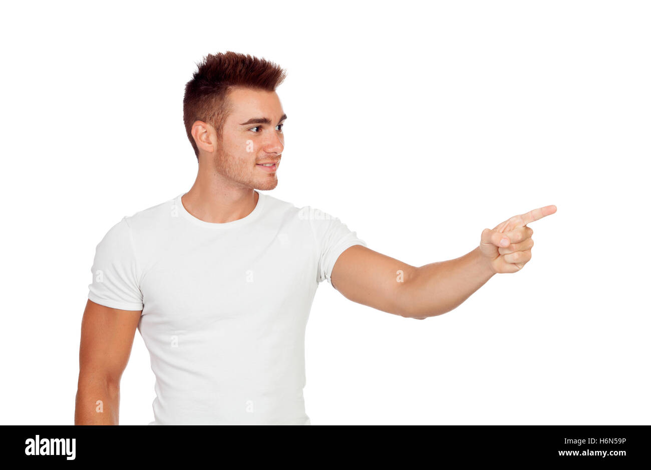 Young boy pointing something isolated on a white background Stock Photo ...