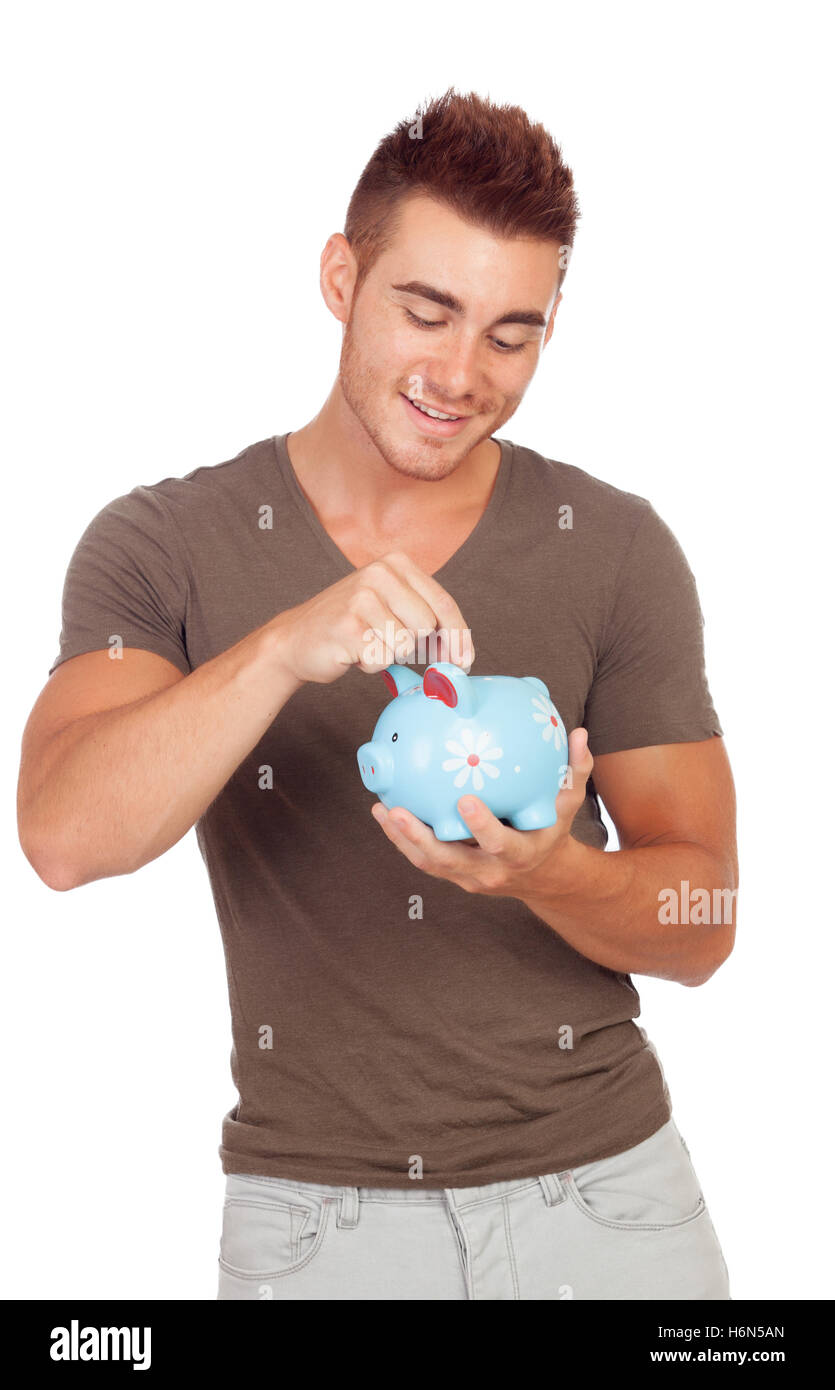 Young man with a money box isolated on a white background Stock Photo ...
