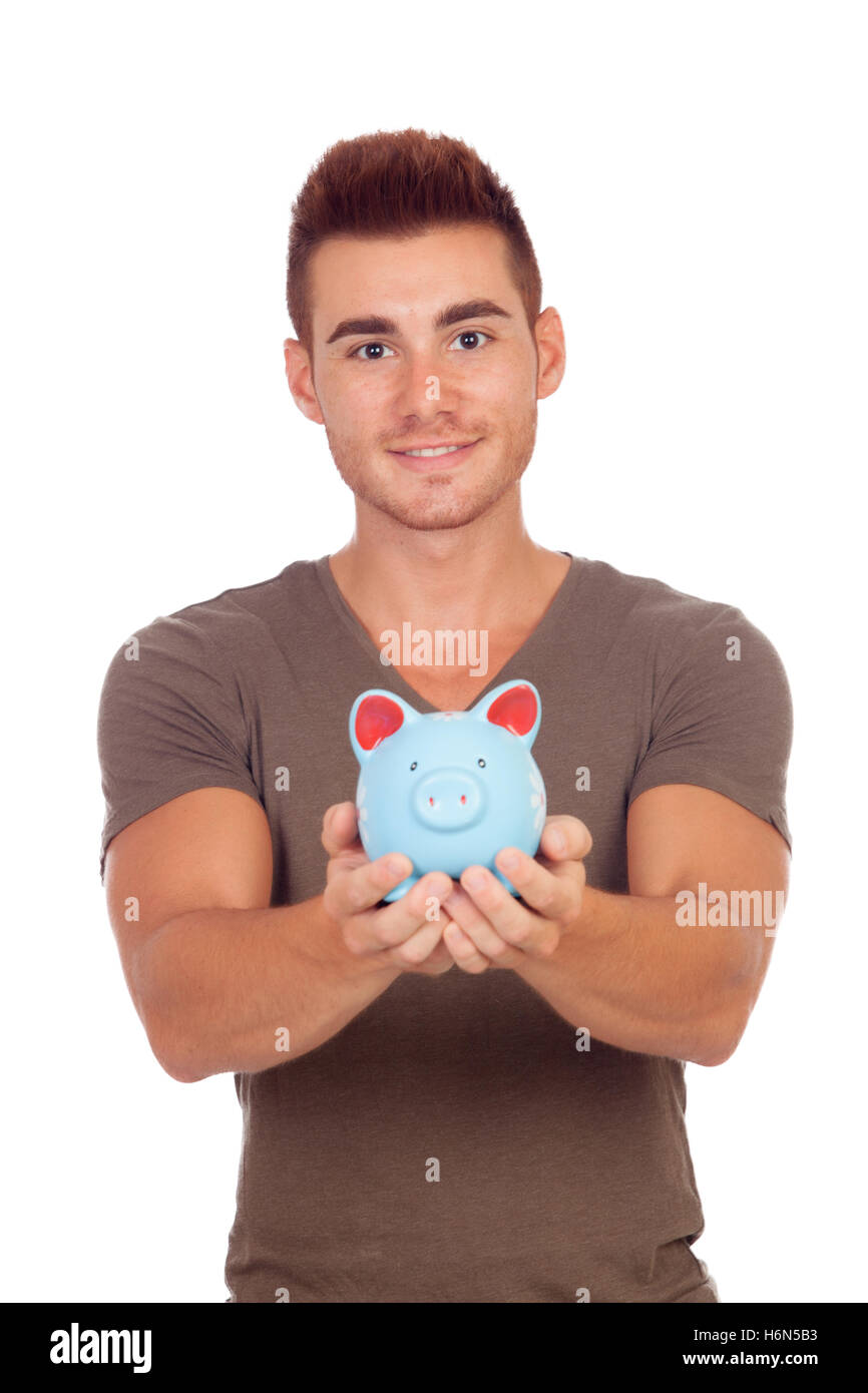 Young man with a money box isolated on a white background Stock Photo ...