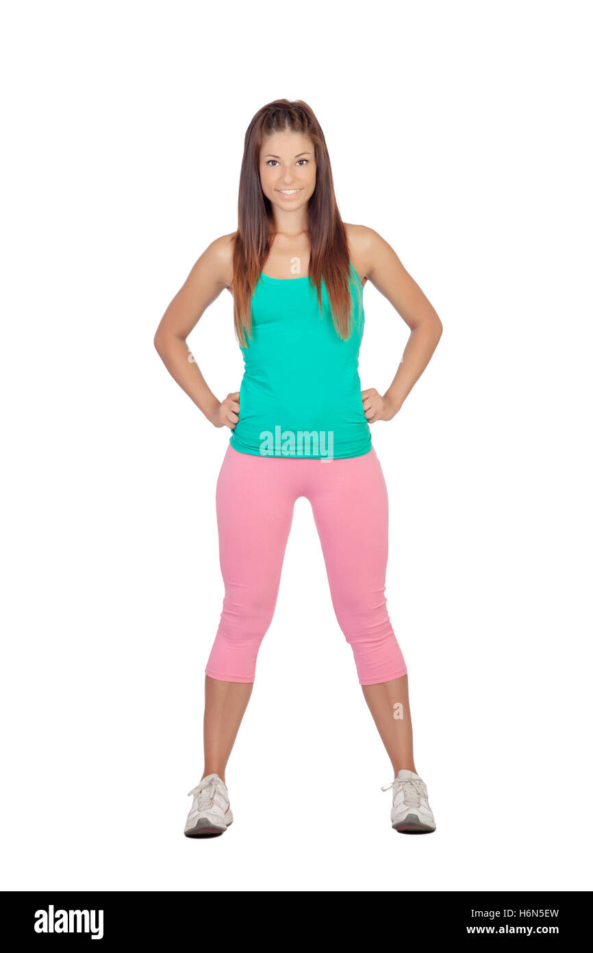 Funny girl in sportswear isolated on white background Stock Photo - Alamy