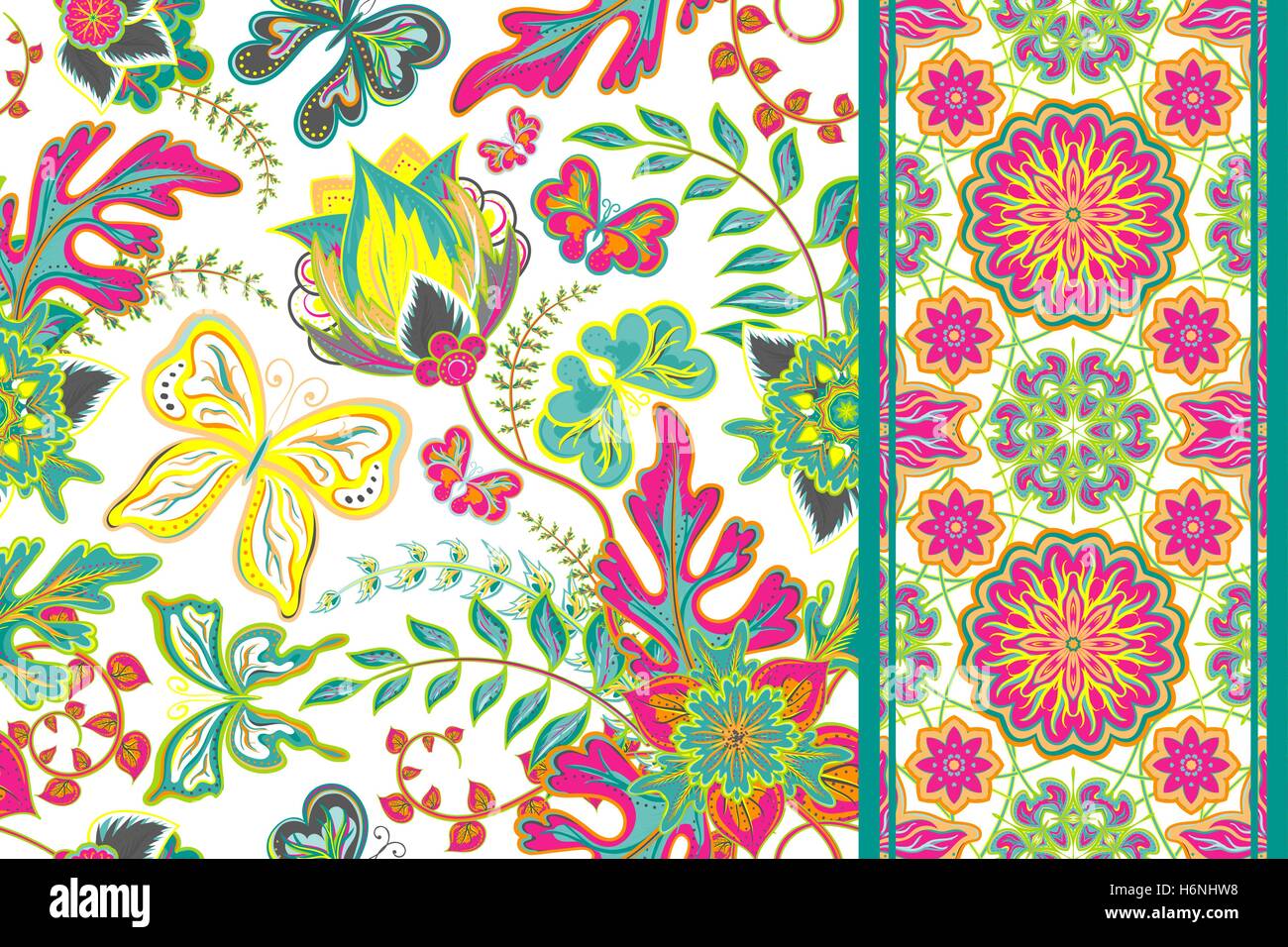 Set of hand draw floral seamless patterns with butterfly and strip ...
