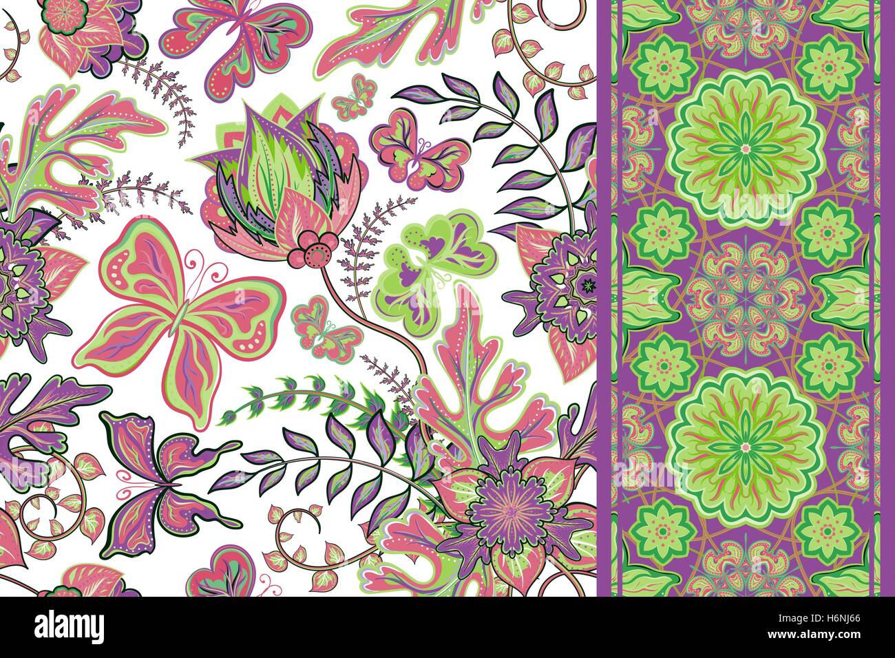 Set of hand draw floral seamless patterns with butterfly and strip ...