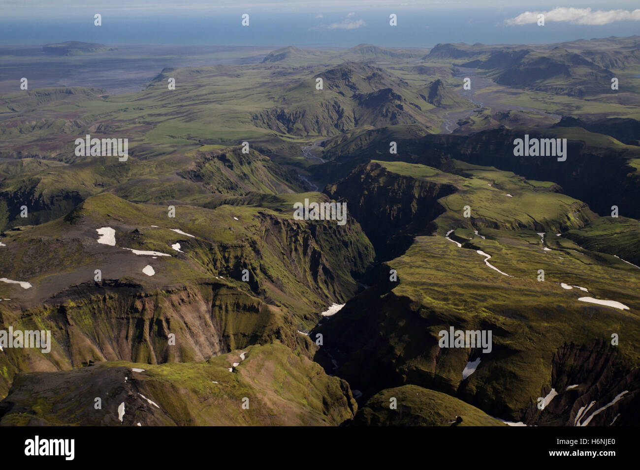Aerial photo of rivers and lakes, mountain in the highlands of Iceland ...