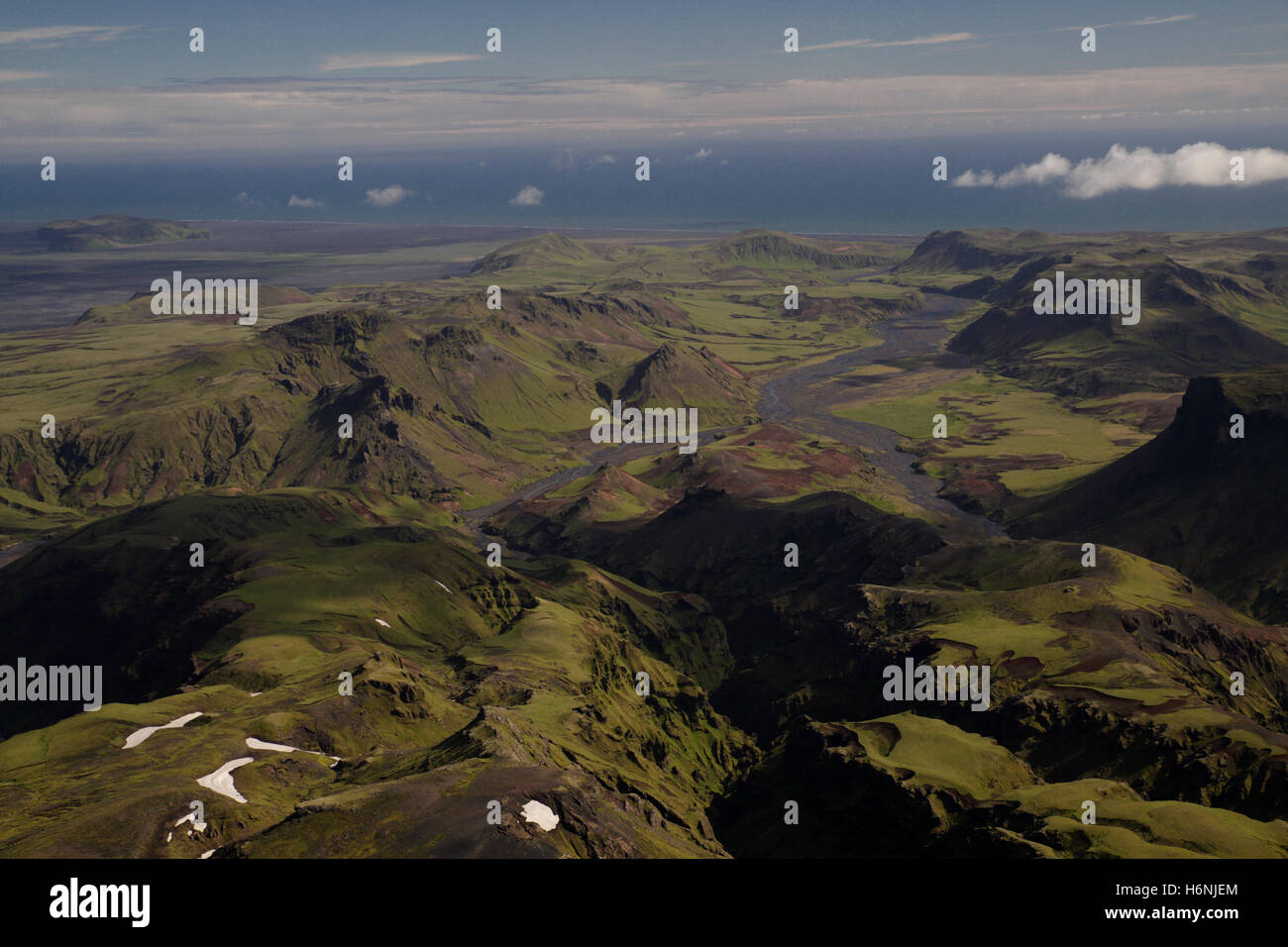 Aerial photo of rivers and lakes, mountain in the highlands of Iceland ...