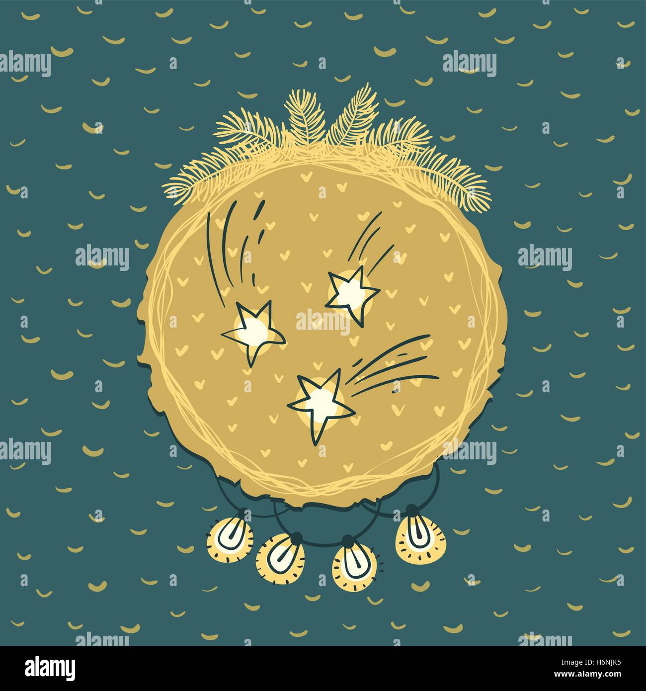 Christmas and New Year round frame with falling stars symbol. Doodle ...