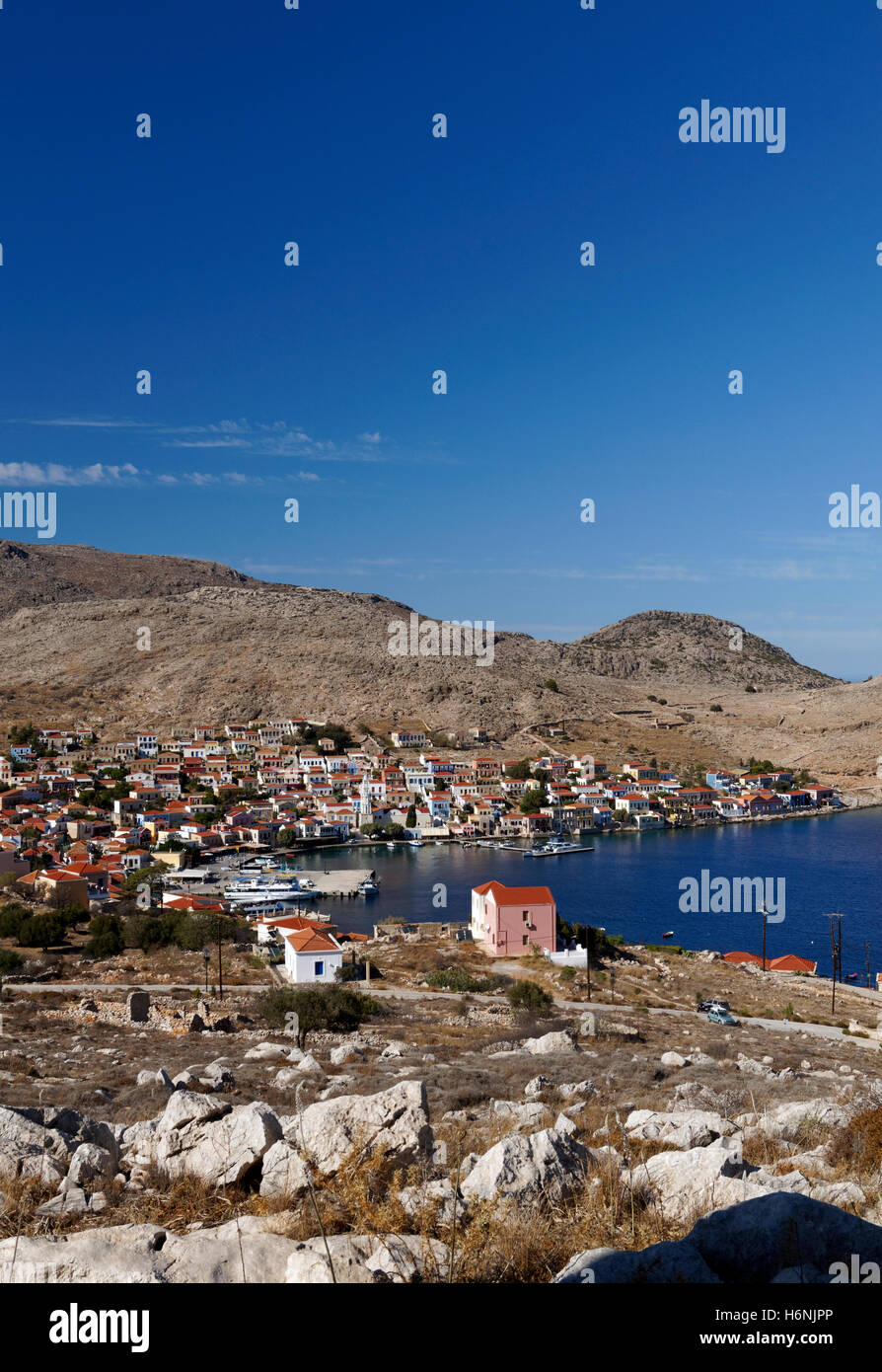 View of Emborio and Chalki Island with Rhodes in the distance ...