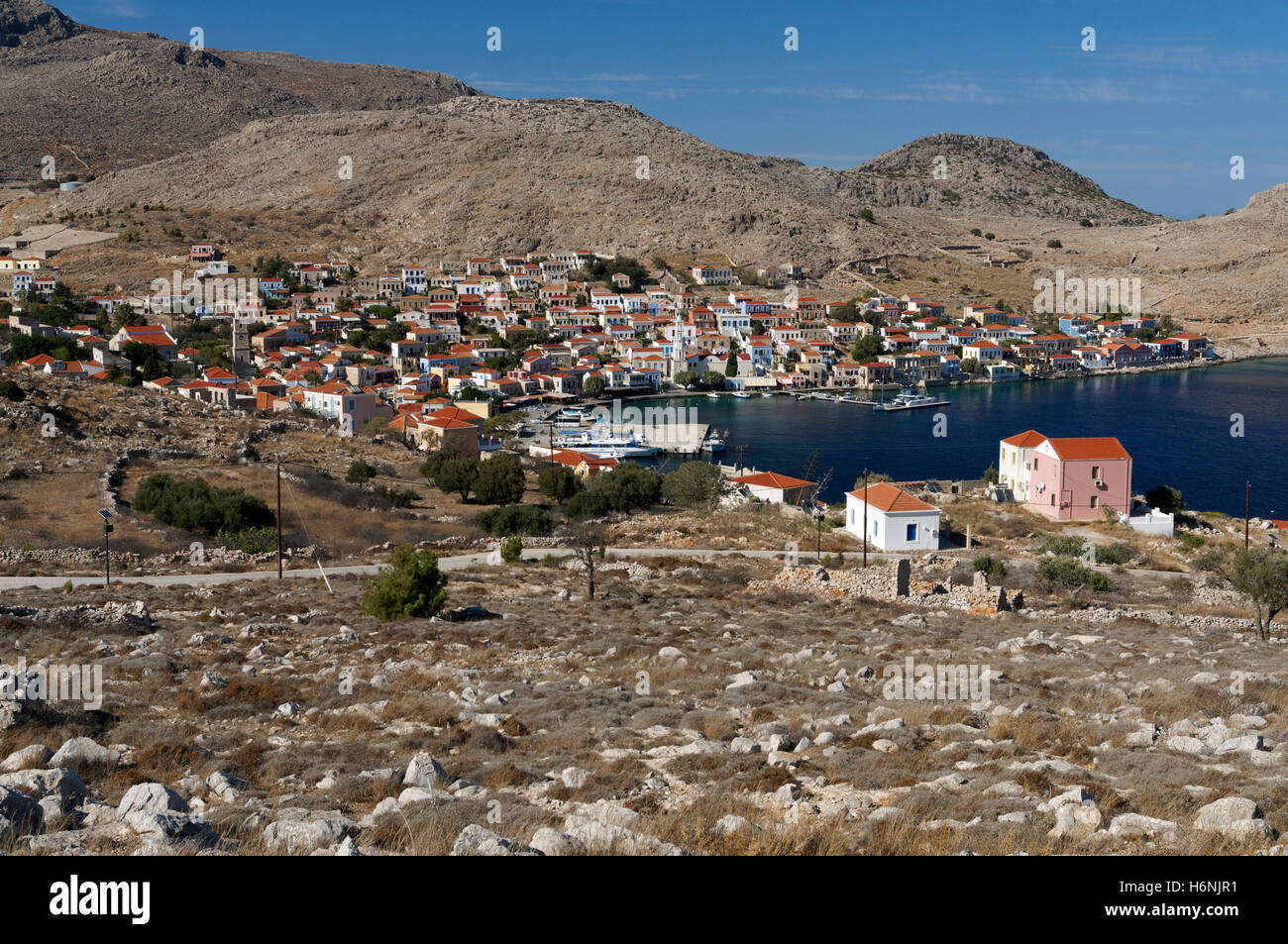 View of Emborio and Chalki Island with Rhodes in the distance ...
