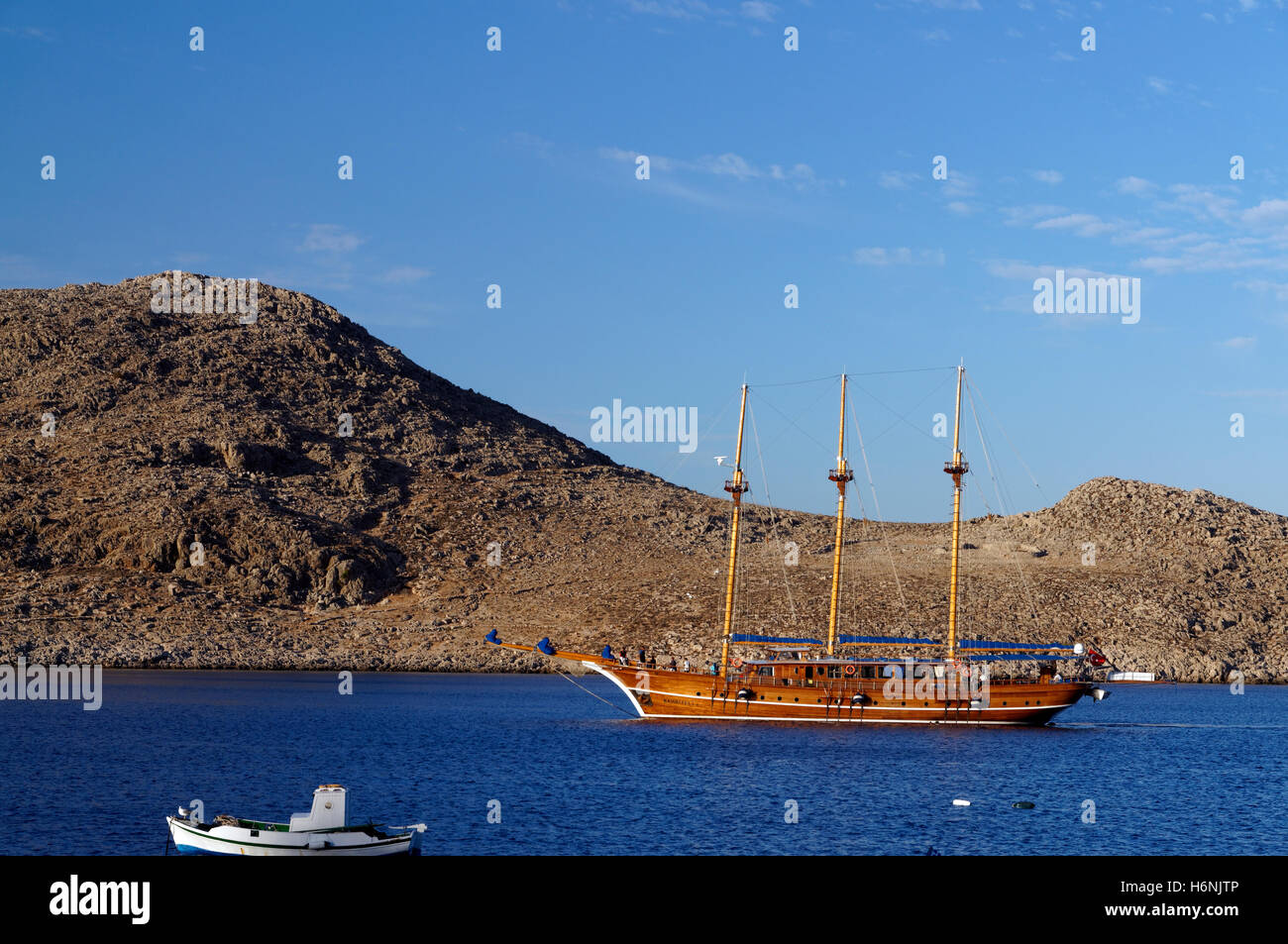Three masted wooden sailing ship, Village of Emborio, Chalki Island ...