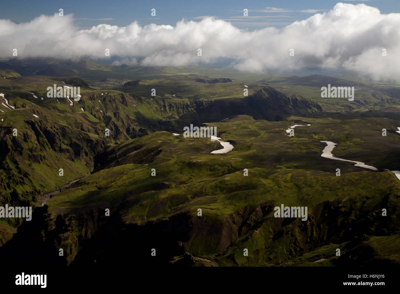 Aerial photo of rivers and lakes, mountain in the highlands of Iceland ...