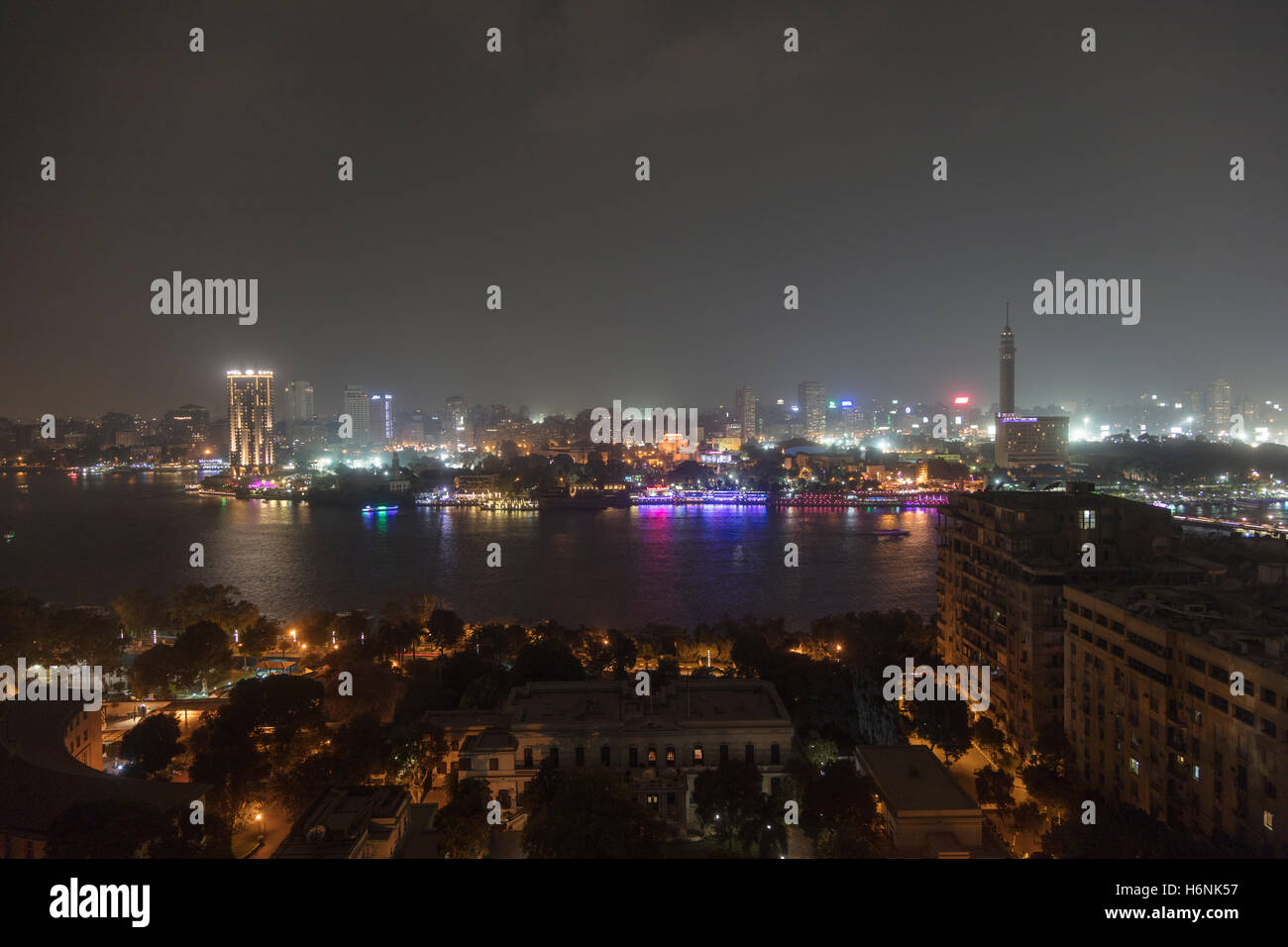 view of Cairo, Egypt and the Nile by night, with the British Embassy in ...